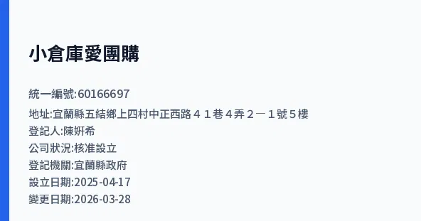小倉庫愛團購的照片-統編 60166697(宜蘭縣) 公司登記資料與營業項目詳細圖表