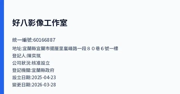 好八影像工作室的照片-統編 60166887(宜蘭縣) 公司登記資料與營業項目詳細圖表