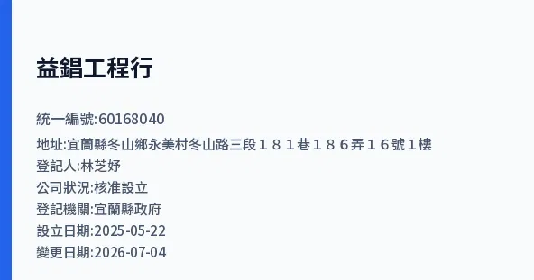 益錩工程行的照片-統編 60168040(宜蘭縣) 公司登記資料與營業項目詳細圖表