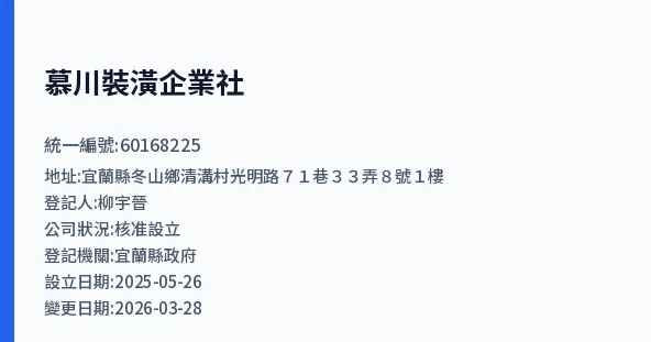 慕川裝潢企業社的照片-統編 60168225(宜蘭縣) 公司登記資料與營業項目詳細圖表