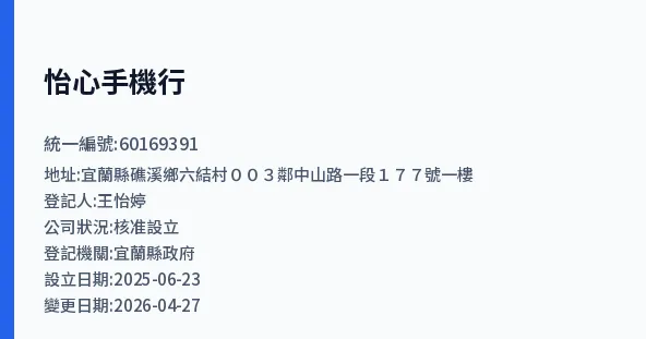 怡心手機行的照片-統編 60169391(宜蘭縣) 公司登記資料與營業項目詳細圖表