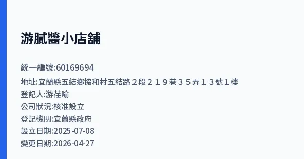 游膩醬小店舖的照片-統編 60169694(宜蘭縣) 公司登記資料與營業項目詳細圖表