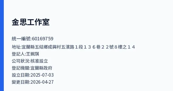 金思工作室的照片-統編 60169759(宜蘭縣) 公司登記資料與營業項目詳細圖表