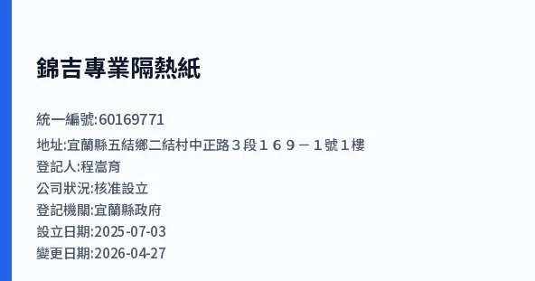 錦吉專業隔熱紙的照片-統編 60169771(宜蘭縣) 公司登記資料與營業項目詳細圖表