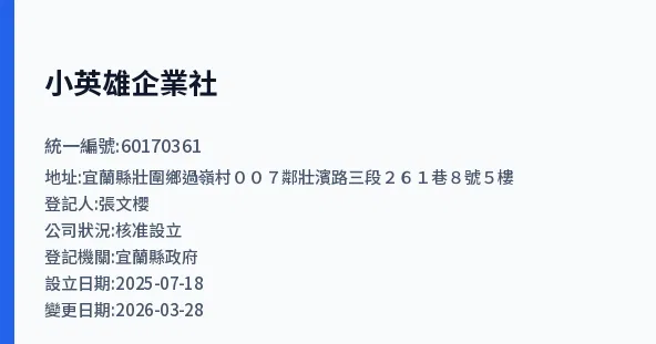 小英雄企業社的照片-統編 60170361(宜蘭縣) 公司登記資料與營業項目詳細圖表