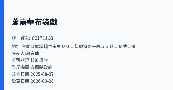 蕭嘉華布袋戲的照片-統編 60171158(宜蘭縣) 公司登記資料與營業項目詳細圖表
