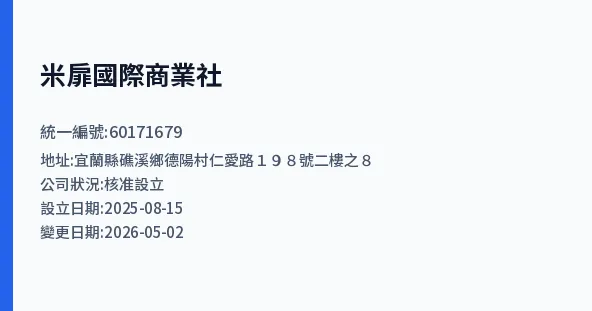 米扉國際商業社的照片-統編 60171679(宜蘭縣) 公司登記資料與營業項目詳細圖表