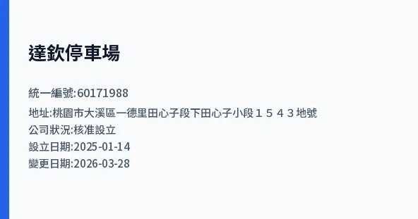 達欽停車場的照片-統編 60171988(桃園市) 公司登記資料與營業項目詳細圖表