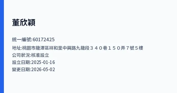 董欣穎的照片-統編 60172425(桃園市) 公司登記資料與營業項目詳細圖表