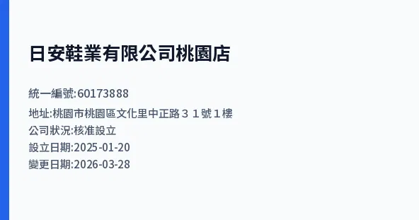 日安鞋業有限公司桃園店的照片-統編 60173888(桃園市) 公司登記資料與營業項目詳細圖表