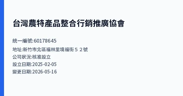 台灣農特產品整合行銷推廣協會的照片-統編 60178645(新竹市) 公司登記資料與營業項目詳細圖表