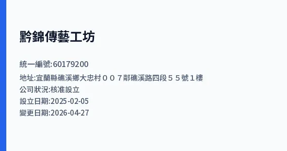 黔錦傳藝工坊的照片-統編 60179200(宜蘭縣) 公司登記資料與營業項目詳細圖表