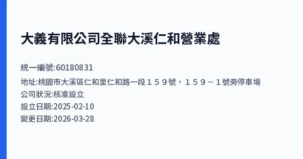 大義有限公司全聯大溪仁和營業處的照片-統編 60180831(桃園市) 公司登記資料與營業項目詳細圖表