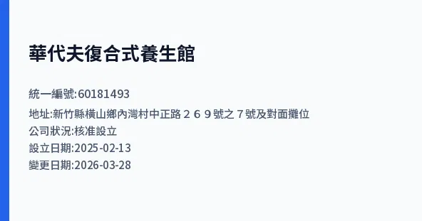 華代夫復合式養生館的照片-統編 60181493(新竹縣) 公司登記資料與營業項目詳細圖表