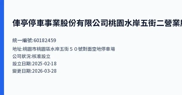 俥亭停車事業股份有限公司桃園水岸五街二營業所的照片-統編 60182459(桃園市) 公司登記資料與營業項目詳細圖表