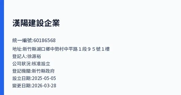 漢陽建設企業的照片-統編 60186568(新竹縣) 公司登記資料與營業項目詳細圖表