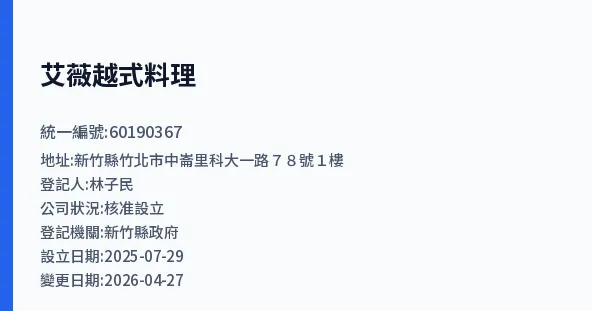 艾薇越式料理的照片-統編 60190367(新竹縣) 公司登記資料與營業項目詳細圖表