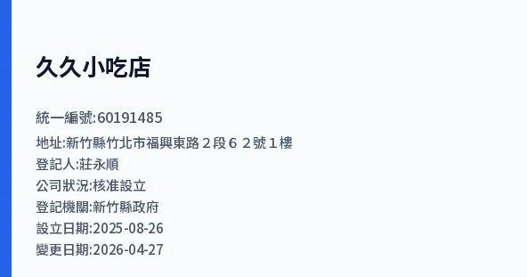 久久小吃店的照片-統編 60191485(新竹縣) 公司登記資料與營業項目詳細圖表