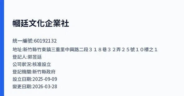 幗廷文化企業社的照片-統編 60192132(新竹縣) 公司登記資料與營業項目詳細圖表