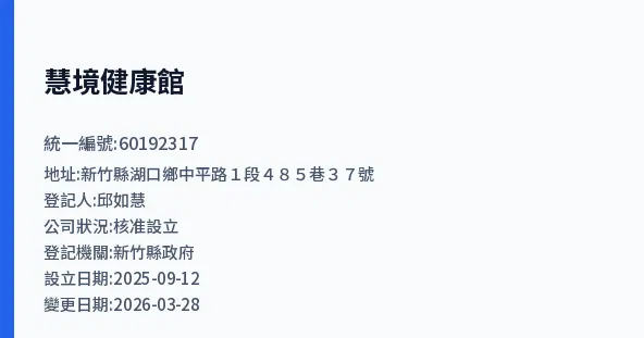 慧境健康館的照片-統編 60192317(新竹縣) 公司登記資料與營業項目詳細圖表
