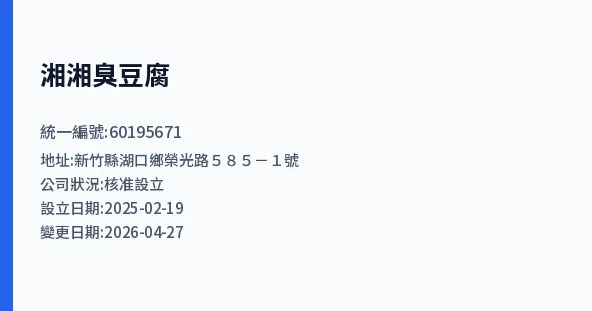 湘湘臭豆腐的照片-統編 60195671(新竹縣) 公司登記資料與營業項目詳細圖表