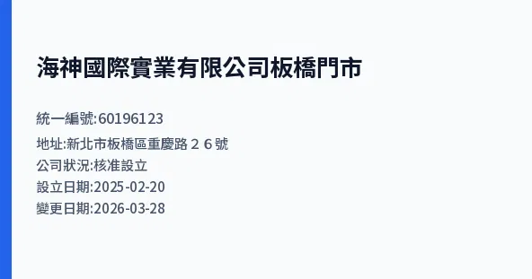 海神國際實業有限公司板橋門市的照片-統編 60196123(新北市) 公司登記資料與營業項目詳細圖表