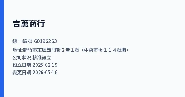 吉蕙商行的照片-統編 60196263(新竹市) 公司登記資料與營業項目詳細圖表