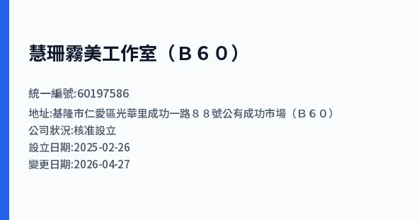 慧珊霧美工作室(B60)的照片-統編 60197586(基隆市) 公司登記資料與營業項目詳細圖表