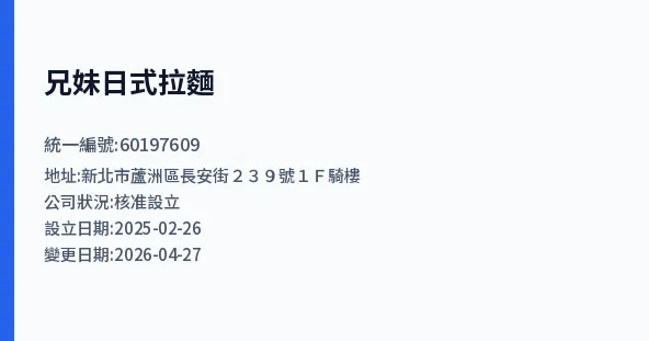 兄妹日式拉麵的照片-統編 60197609(新北市) 公司登記資料與營業項目詳細圖表