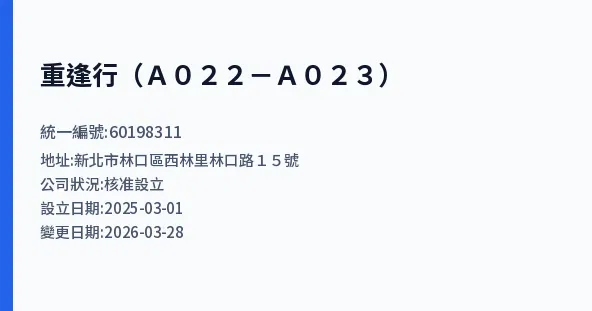 重逢行(A022-A023)的照片-統編 60198311(新北市) 公司登記資料與營業項目詳細圖表