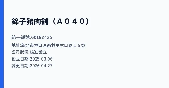 錦子豬肉舖(A040)的照片-統編 60198425(新北市) 公司登記資料與營業項目詳細圖表