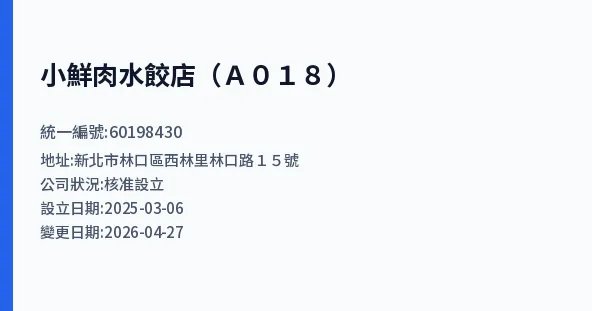 小鮮肉水餃店(A018)的照片-統編 60198430(新北市) 公司登記資料與營業項目詳細圖表
