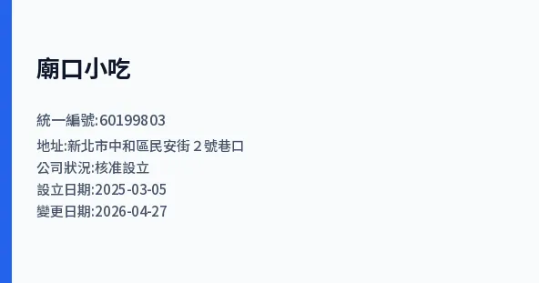 廟口小吃的照片-統編 60199803(新北市) 公司登記資料與營業項目詳細圖表