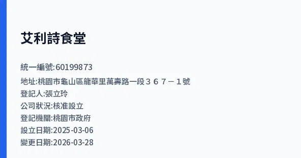 艾利詩食堂的照片-統編 60199873(桃園市) 公司登記資料與營業項目詳細圖表