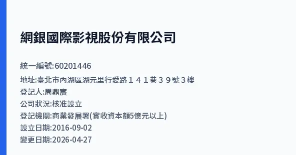 網銀國際影視股份有限公司的照片-統編 60201446(臺北市) 公司登記資料與營業項目詳細圖表