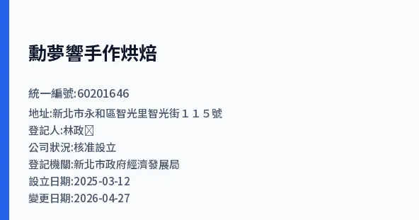 勳夢響手作烘焙的照片-統編 60201646(新北市) 公司登記資料與營業項目詳細圖表