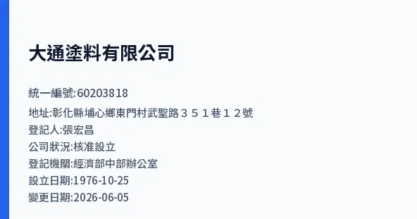 大通塗料有限公司的照片-統編 60203818(彰化縣) 公司登記資料與營業項目詳細圖表