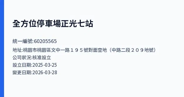 全方位停車場正光七站的照片-統編 60205565(桃園市) 公司登記資料與營業項目詳細圖表
