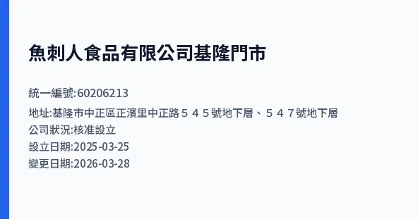 魚刺人食品有限公司基隆門市的照片-統編 60206213(基隆市) 公司登記資料與營業項目詳細圖表