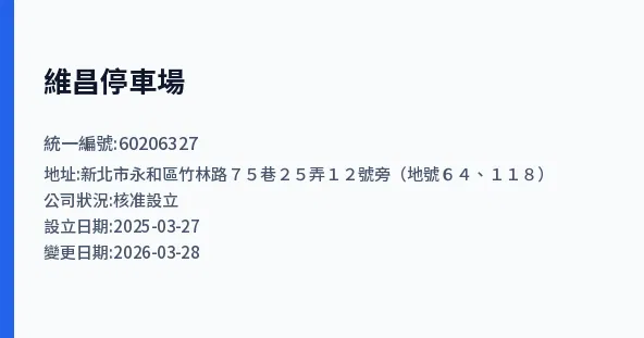 維昌停車場的照片-統編 60206327(新北市) 公司登記資料與營業項目詳細圖表