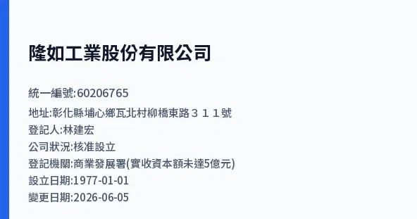 隆如工業股份有限公司的照片-統編 60206765(彰化縣) 公司登記資料與營業項目詳細圖表