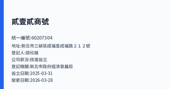 貳壹貳商號的照片-統編 60207304(新北市) 公司登記資料與營業項目詳細圖表