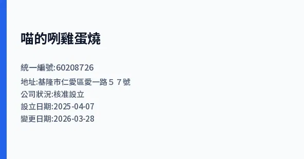 喵的咧雞蛋燒的照片-統編 60208726(基隆市) 公司登記資料與營業項目詳細圖表