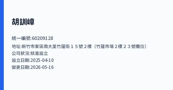 胡訓嶂的照片-統編 60209128(新竹市) 公司登記資料與營業項目詳細圖表