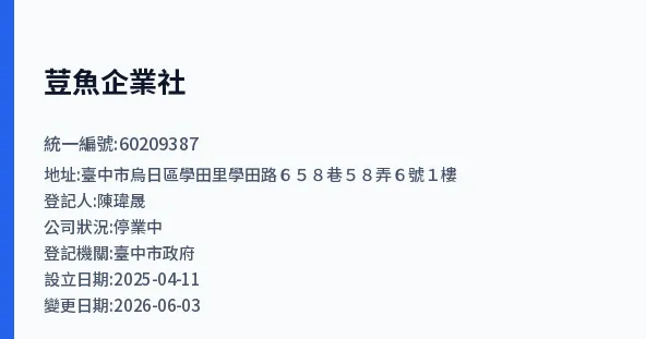 荳魚企業社的照片-統編 60209387(臺中市) 公司登記資料與營業項目詳細圖表