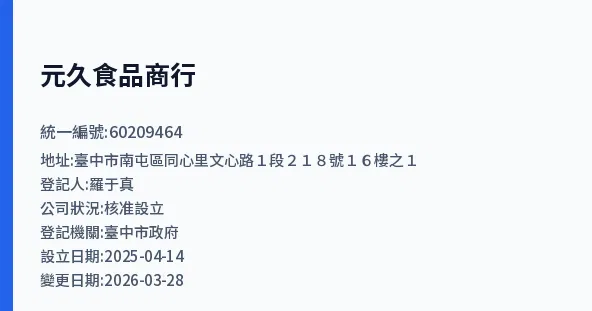 元久食品商行的照片-統編 60209464(臺中市) 公司登記資料與營業項目詳細圖表