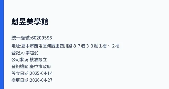 魁昱美學館的照片-統編 60209598(臺中市) 公司登記資料與營業項目詳細圖表