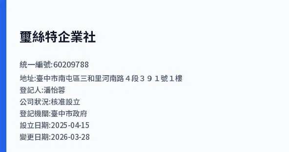 璽絲特企業社的照片-統編 60209788(臺中市) 公司登記資料與營業項目詳細圖表