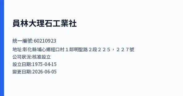 員林大理石工業社的照片-統編 60210923(彰化縣) 公司登記資料與營業項目詳細圖表