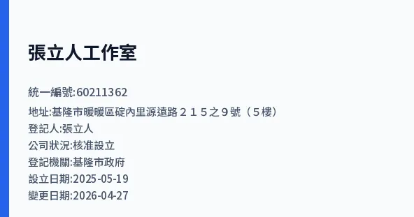 張立人工作室的照片-統編 60211362(基隆市) 公司登記資料與營業項目詳細圖表